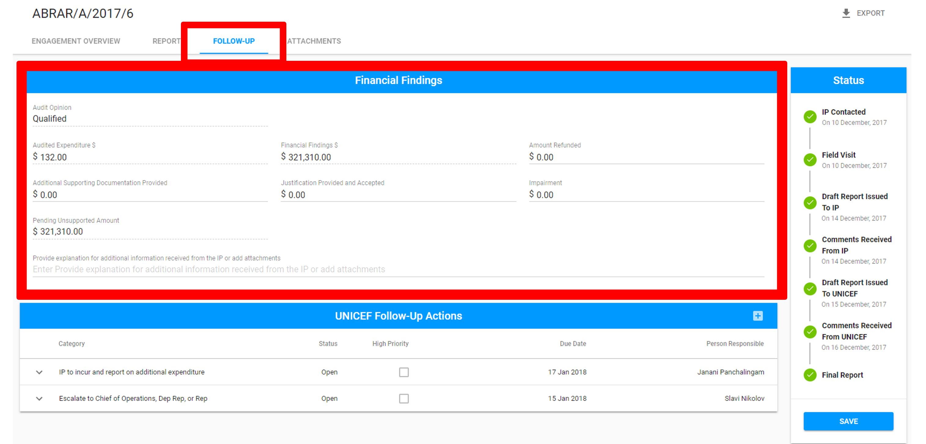 Finalize and Follow-up on Engagement (Audit) – eTools Help Center / UNICEF