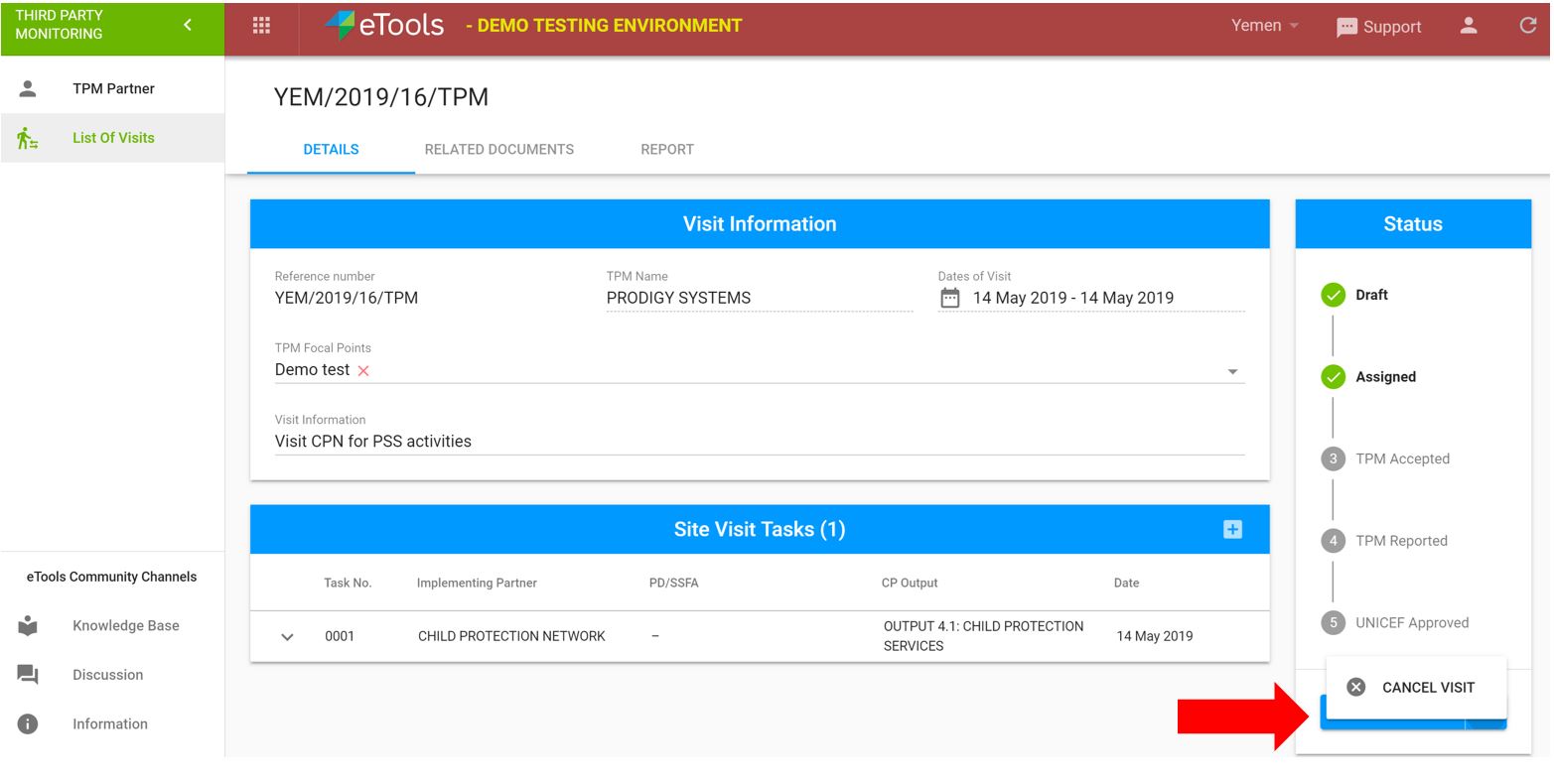 Cancel TPM Visit – eTools Help Center / UNICEF