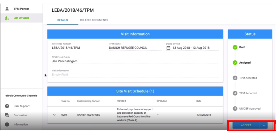 Accept TPM Visit – eTools Help Center / UNICEF